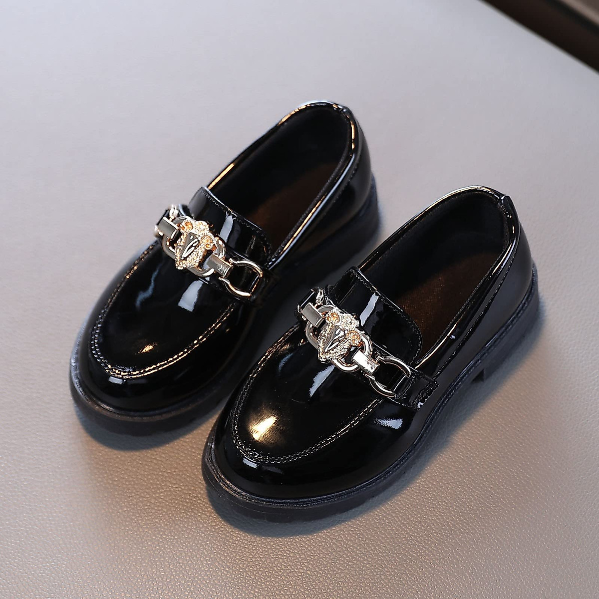 Girls Slip On Leather Shoes Loafer Rhinestone Decoration Flats School Dress Shoes for Girls Toddler Slippers Boys (Black, 3.5-4 Years Toddler)