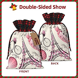 Allgobee Christmas Drawstring Gift Bags Romantic-Paris-Eiffel-Tower Buffalo Plaid Drawstring Bag Party Favors Bags
