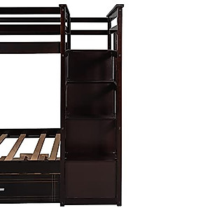 Solid Wood Twin Over Twin Bunk Bed, Trundle Bunk Beds with 4 Storage Drawers, Staircase and Safety Guard Rail, No Box Spring Needed (Espresso)