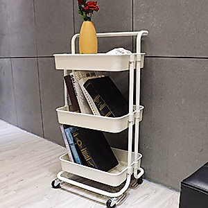 Piowio 3 Tier Utility Rolling Cart Multifunction Organizer Shelf Storage Cart with 3 Pieces Cups and 8 Pieces Hooks for Home Kitchen Bathroom Laundry Room Office Store etc. (White)