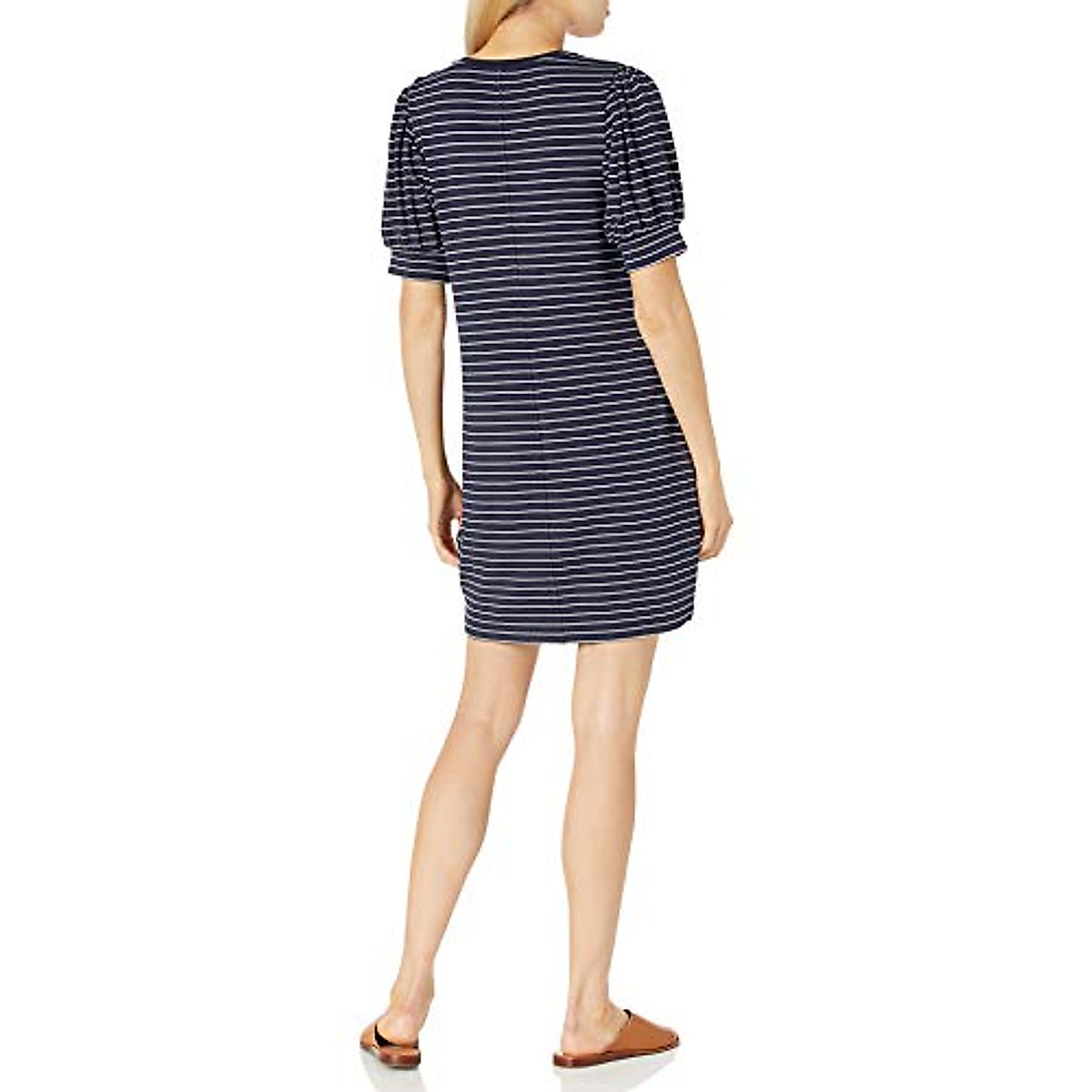 Amazon Essentials Women's Supersoft Terry Relaxed-Fit Short-Sleeve Puff-Sleeve Dress (Previously Daily Ritual), Navy White Mini Stripe, Large