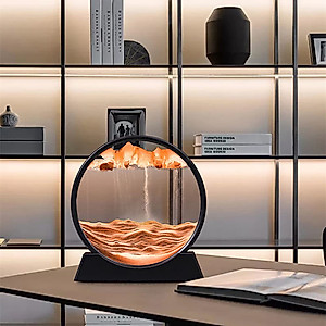 ANXUS Moving Sand Art Picture in Motion Round Glass 3D Deep Sea Sandscape Display Flowing Sand Frame, Sensory Relaxing Desktop Home Office Work Desk Decor (7", Orange)