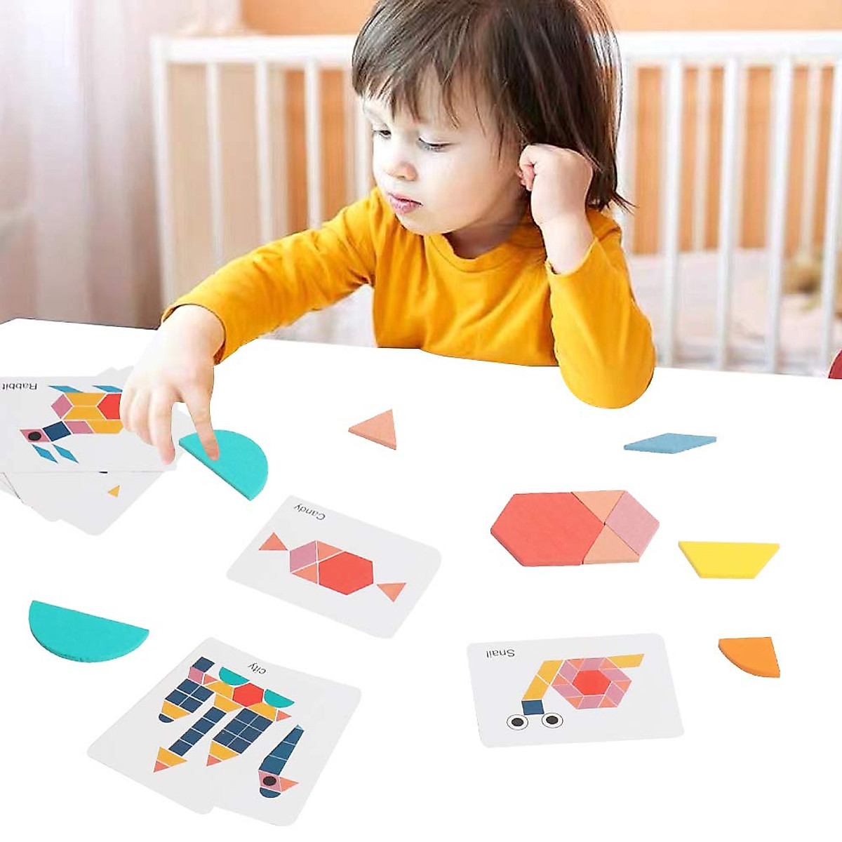 RAEQKS 180Pcs Wooden Pattern Blocks Set Brain Teaser Puzzle Tangrams Educational Montessori Toys Stem Kindergarten Preschool Learning Game with 24Pcs Flash Cards Gifts for Toddlers Kids Boys Girls
