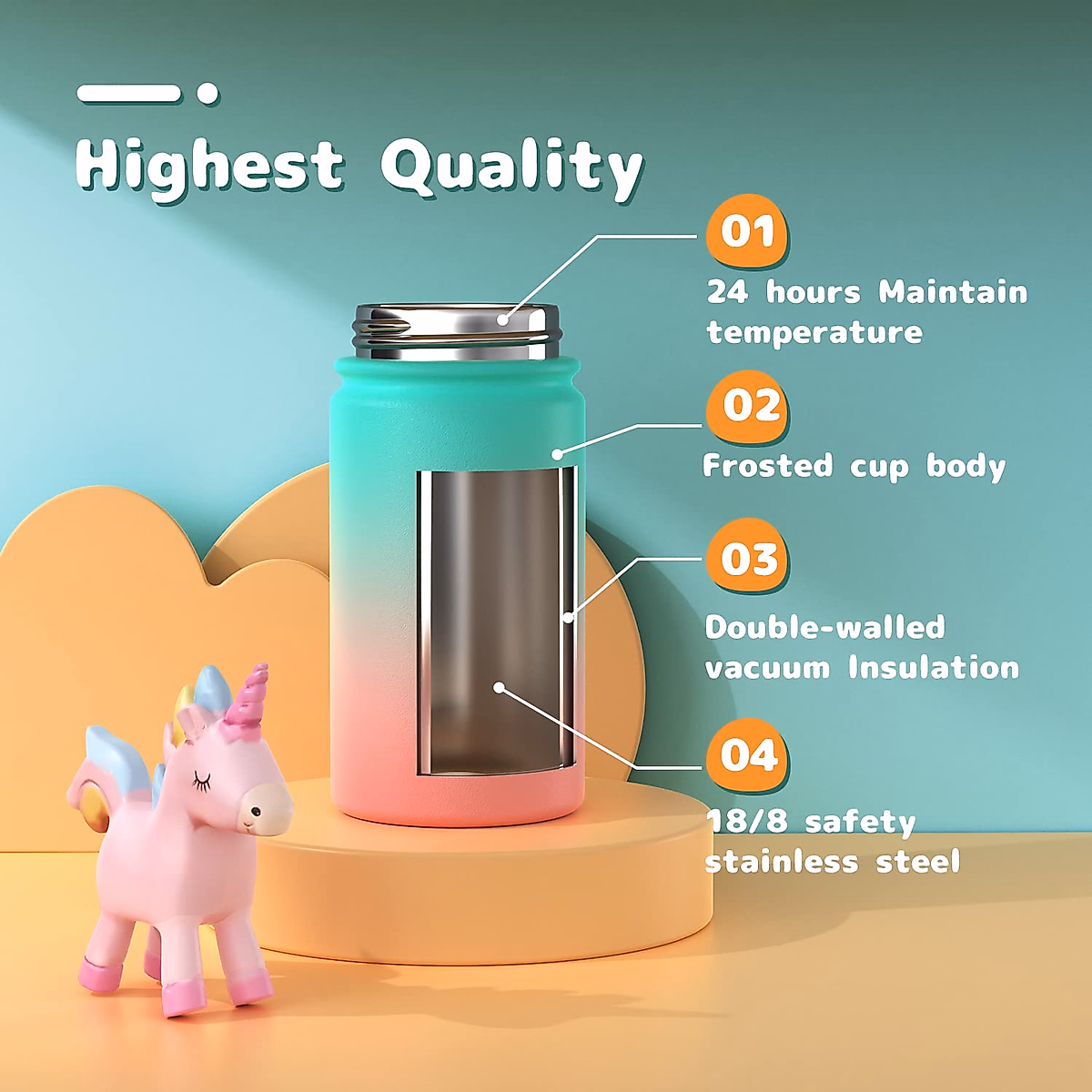 Kids Water Bottle, 12oz Water Bottles Kids with Straw and Stickers, Stainless Steel Vacuum Double Wall Insulated cup, Kids Water Bottle for School, Gifts for Girls(Green)