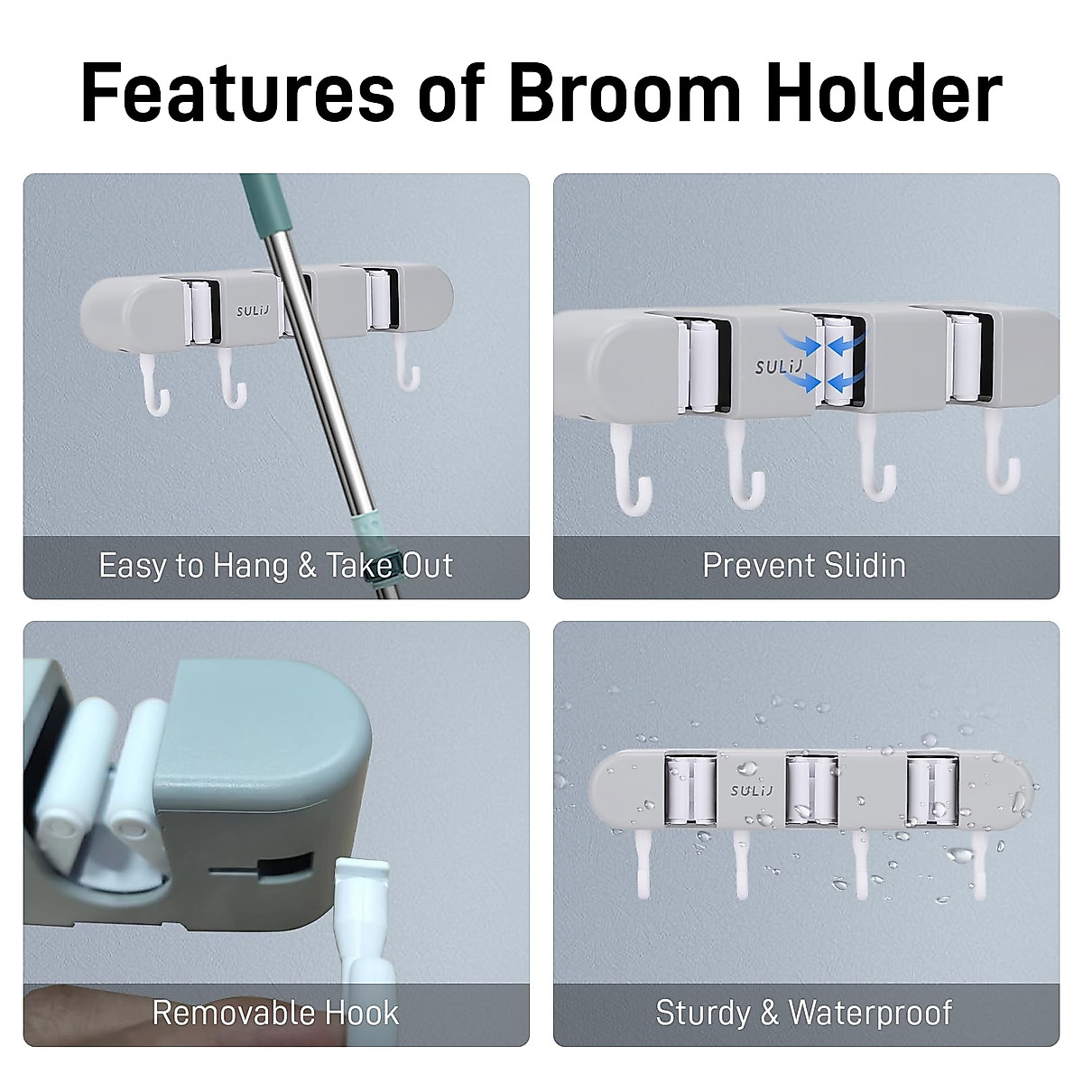 Bntyok Broom Holder with 3 Slots & 4 Hooks Heavy Duty Garden Tool Organizer Broom Hanger Wall Mount for Home Laundry Room Kitchen Closet Shed Garage Organization and Storage - Grey