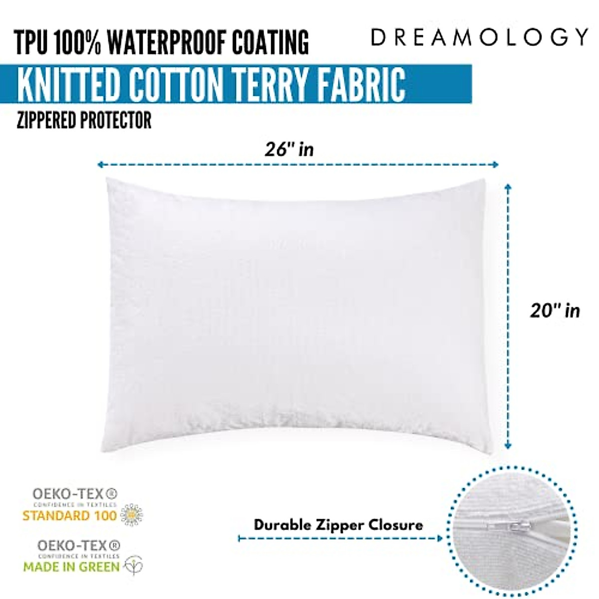 Dreamology Pillow Protectors, Cotton Terry Zippered, 100% Water Proof & Hypoallergenic, Extend Pillow Life by 3X, Breathable, Waterproof Pillow Case Cover (Cotton, Pack 4 - Standard [20x26])