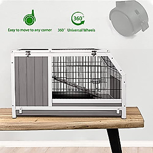 Gowoodhut Rabbit Cage On Wheels Outdoor Rabbit Hutch with Ramp, Pull Out Tray Indoor Wooden Guinea Pig House Bunny Hutch for for 1-2 Rabbit Guinea Pig Hedgehogs （GREYWHITE）
