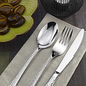 HaWare Hammered 65-Piece Silverware Set for 12, Stainless Steel Flatware Cutlery Serving Utensils, Modern Design Eating Tableware for Home Kitchen Hotel Restaurant, Mirror Polished, Dishwasher Safe