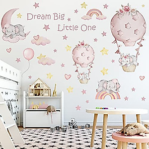 Dream Big Little One Elephant Wall Stickers Pink Hot Air Balloon Stars Wall Decals Baby Girl Room Decor for Nursery Peel and Stick Wall Decoration for Bedroom