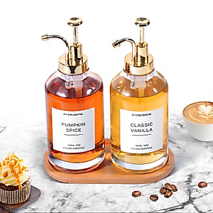 Syrup Dispenser, Coffee Syrup Dispenser for Coffee Bar, Simple Glass Syrup Bottle w 84 Labels and Bamboo Tray, Syrup Pump Dispenser 16.9 oz 500 ml, Set of 2, Gold, Coffee Bar Accessory