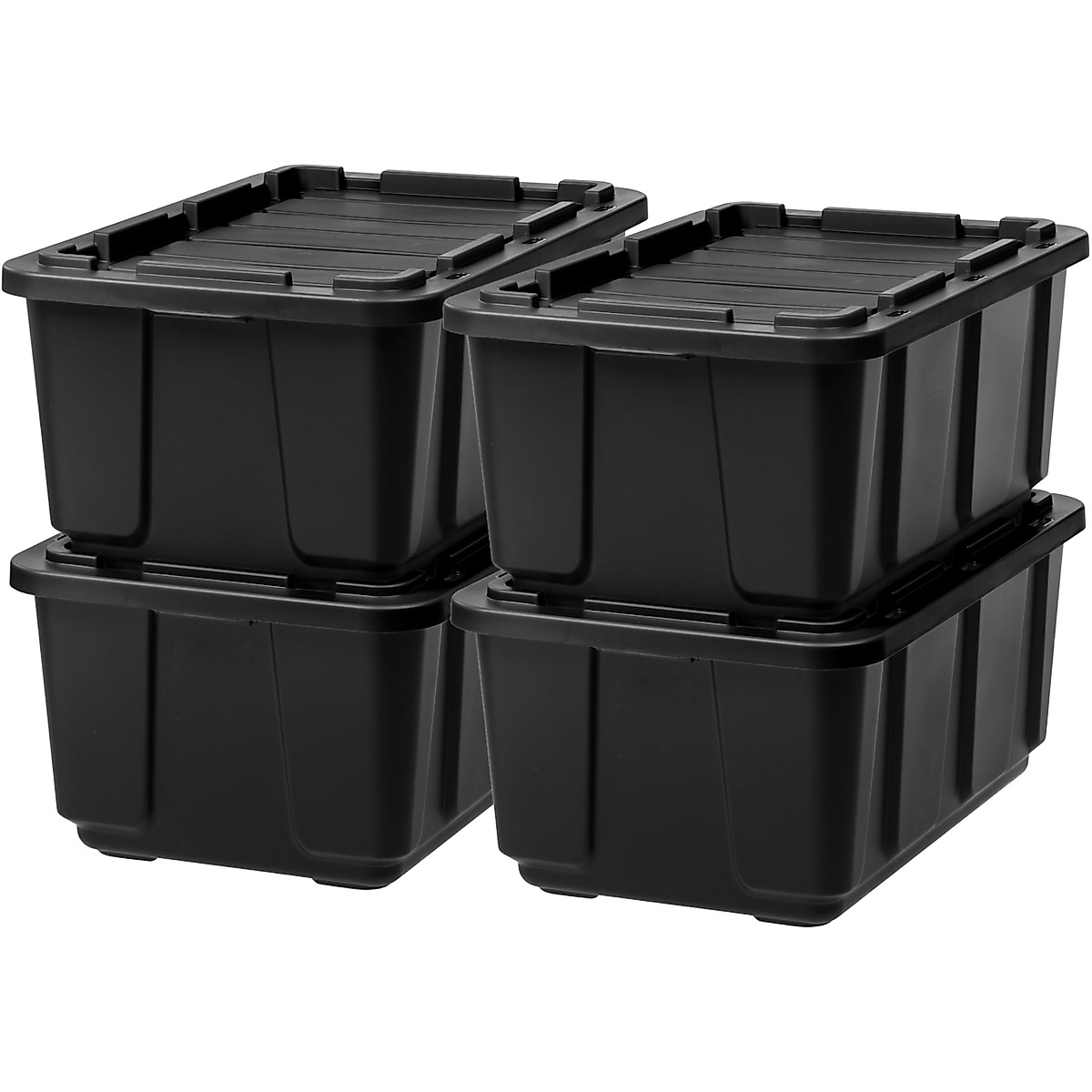IRIS USA 27 Gallon Heavy Duty Truck Bed Toolbox Storage Tote Bins with Lids, 4 Pack - Made in USA, Tough Snap On Lid Stackable Industrial Rugged Tubs, Garage Organization, Reusable Box - Black