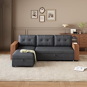 Jintop 84" Sectional Sofa,Storage Chaise and Pull Out,Upholstered L-Shape Convertible Corner Couch,Reversible Sleeper Sofa-Bed,W/Wooden Handrail & Shelves,3 Back Cushion,for livingroom,Dark Grey