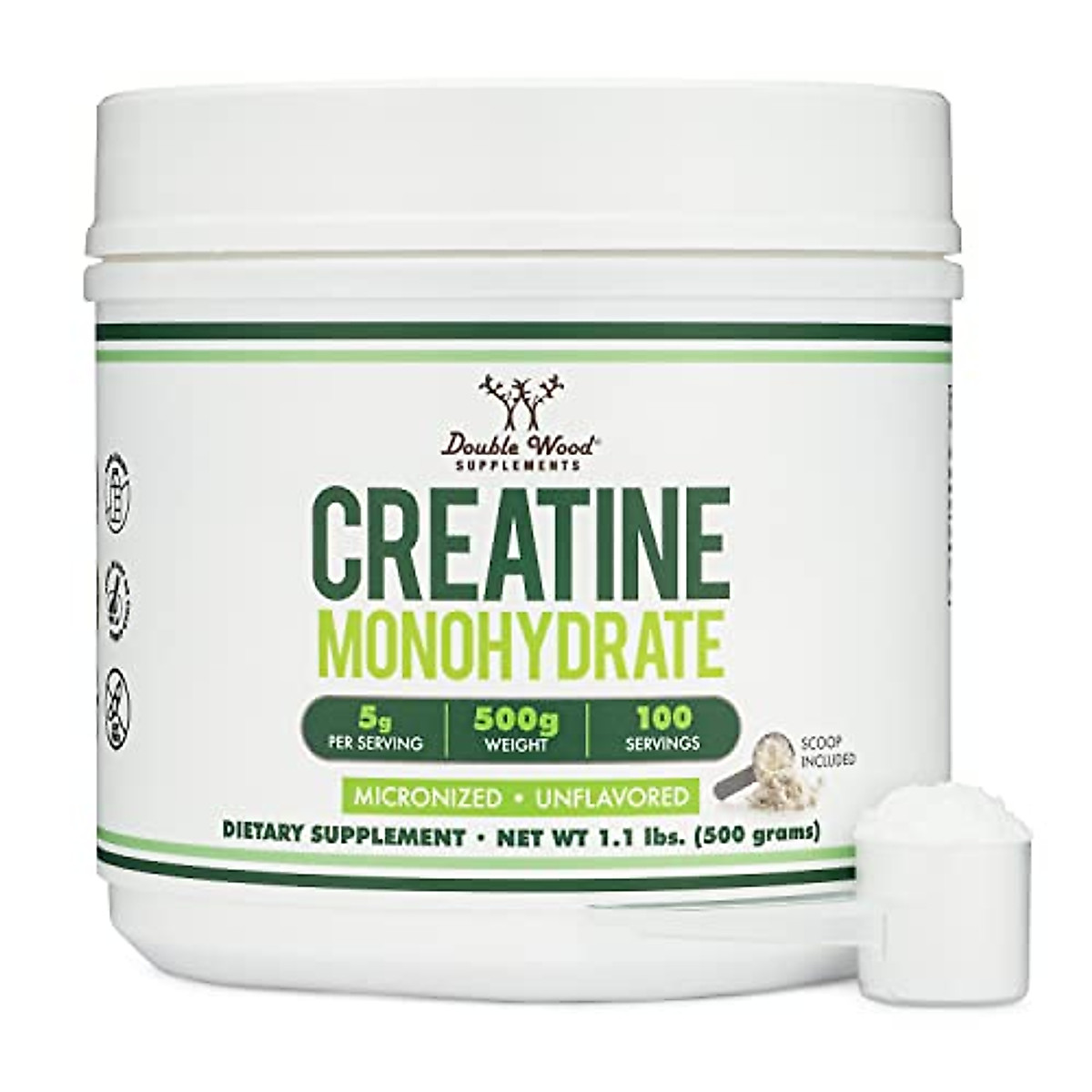 Creatine Monohydrate Powder 1.1lbs (100 Servings of 5 Grams Each - Third Party Tested Micronized Creatine Powder) Unflavored, Keto, Vegan Friendly (with Scoop)(Creatina Monohidratada) by Double Wood