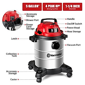Vacmaster VOC508S 1102 5 Gallon Stainless Steel Wet Dry Shop Vacuum and 3 Gallon Ash Tank Combo