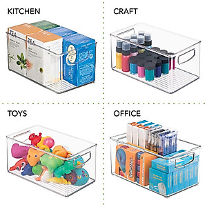 mDesign Plastic Stackable Bin with Handles and 9" Round Fluted Lazy Susan Turntable Plastic Spinner Combo Set for Organization in Bathroom, Closet, Cabinet, or Vanity Countertop - Set of 2 - Clear