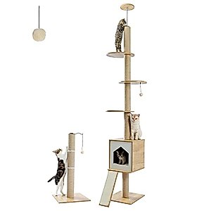 PETEPELA Cat Tree Floor-to-Ceiling Cat Tower, Cat Activity Center with Free Cat Scratching Post and Cat Condo, Ramp Ladder, Multi-Level Platforms Adjustable(94-102 Inches) for Indoor Cats