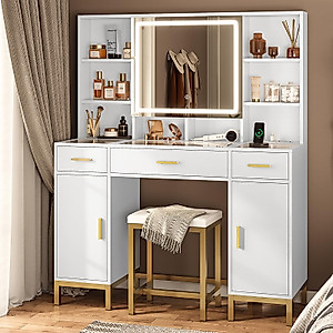 AOGLLATI Makeup Vanity Desk with Lights, Vanity Desk with Mirror and Lights, White Vanity Set with Charging Station,Big Glass Desktop, Hidden and Open Storage Shelves