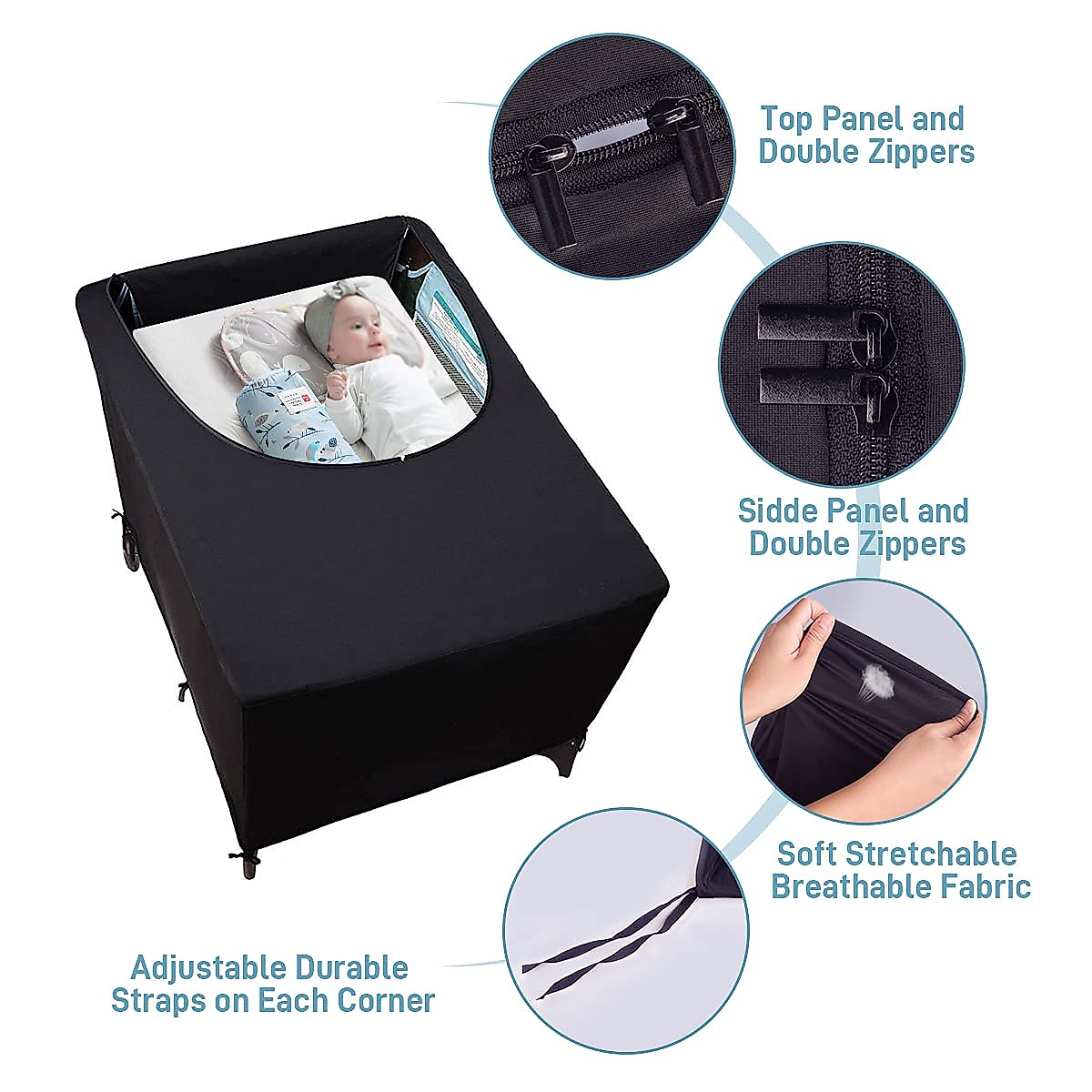 Kaitsece Crib Cover, Pack and Play Crib Canopy Cover, Stretchy Breathable Travel Crib Tent, Portable Blackout Tent for Indoor or Outdoor, Baby Netting Cover for Sleeping or Playing