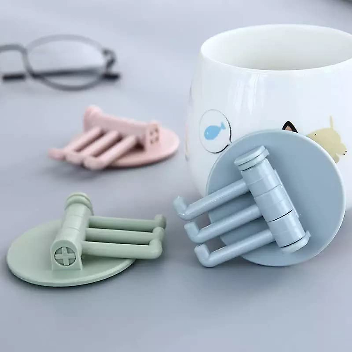 Rotatable Adhesive Three Prong Wall Hooks Everyday Essentials (4pcs), Blue,Grey,Green,Pink