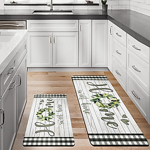 Qahing Farmhouse Kitchen Rugs Mats Sets of 2 Cushioned Anti Fatigue Kitchen Mats for Floor Spring Non Slip Memory Foam Kitchen Floor Mats Waterproof Comfort Standing Mats for Sink, 17.3"x28"+17.3"x47"