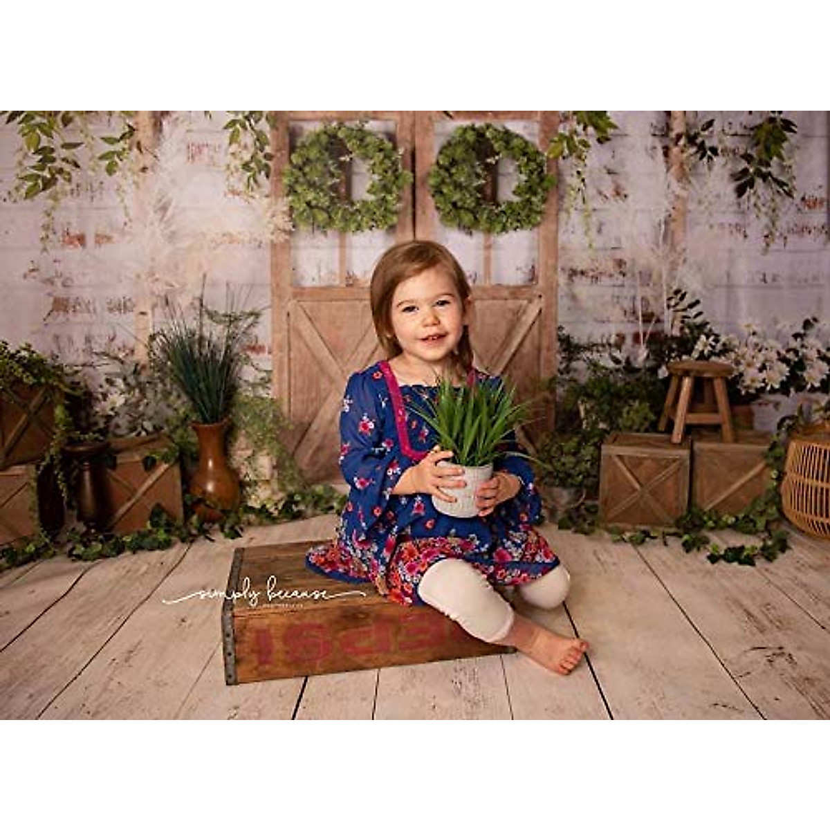 Kate White Painted Brick Wall Wood Door Photography Backdrops 7x5ft Spring Green Grass and Flowers Photo Backgrounds Baby Shower Backdrop Photoshoot Props