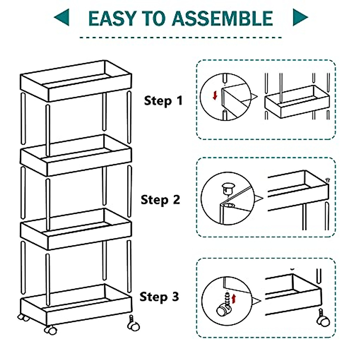 Storage Cart by PILITO, Rolling Utility Cart Mobile Shelving Unit Organizer with Wheels for Bathroom, Kitchen, Office, Home, Laundry Room & Dressers, Plastic & Stainless Steel, White (4-Tier)