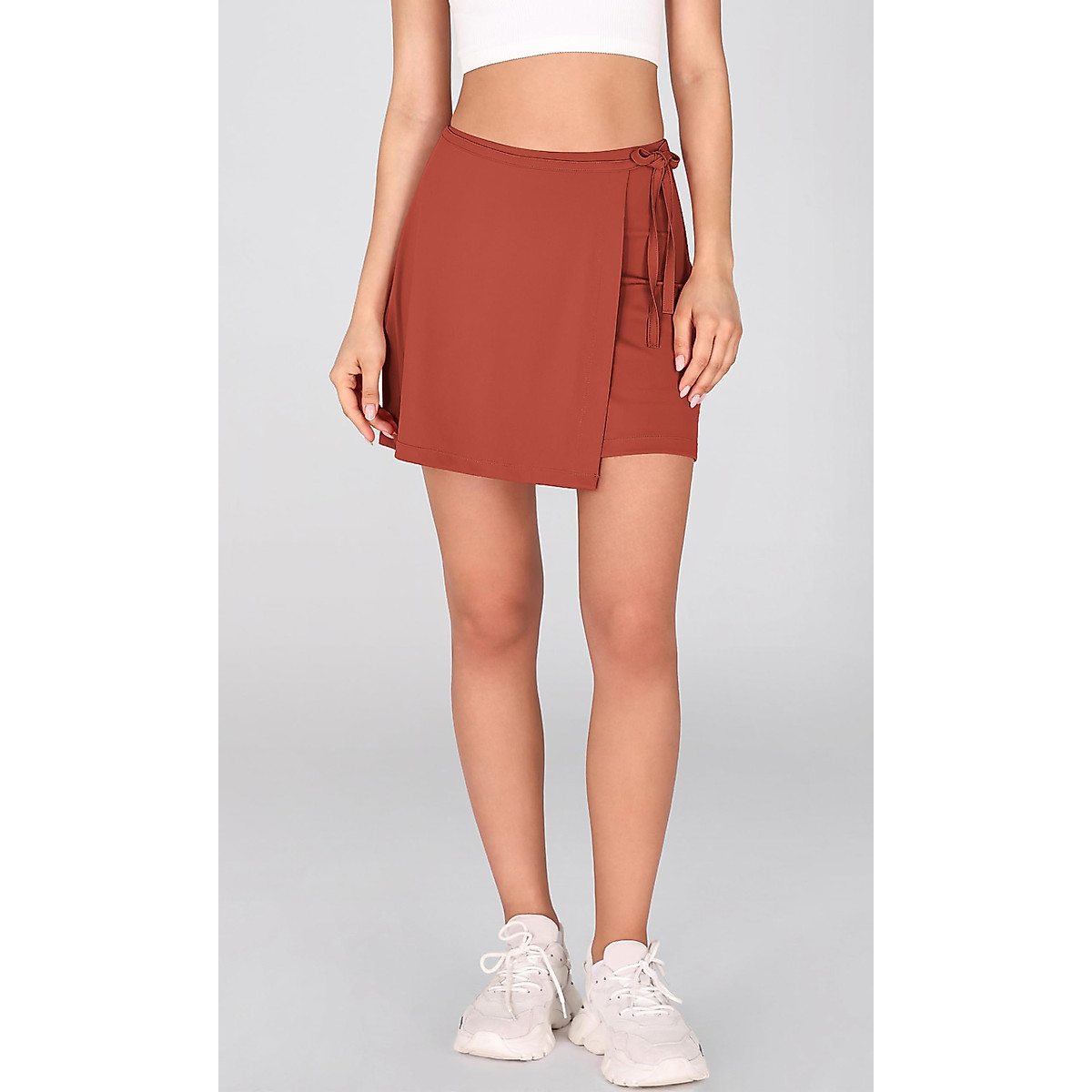 ODODOS Wrap Skorts for Women Built-in Shorts High Waist Tennis Skirts with Pockets for Casual Athletic Golf, Cinnamon, Small