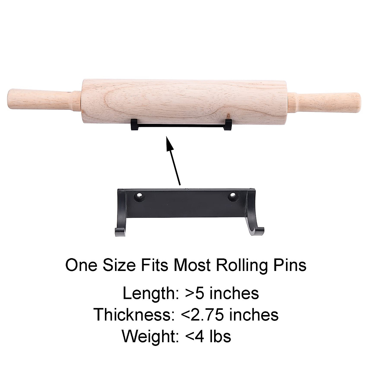Horizontal Rolling Pin Wall Mount Holder Rolling Pin Display Rack Hook Hanger Storage, Black Pack of 4
