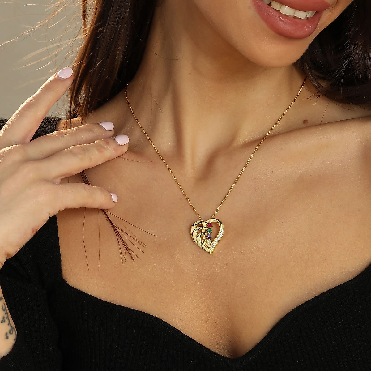 MRENITE 10K/14K/18K Solid Gold Personalized Mom Necklace with 4 Birthstone Name Heart Necklace Engraved 4 Names for Mom Wife