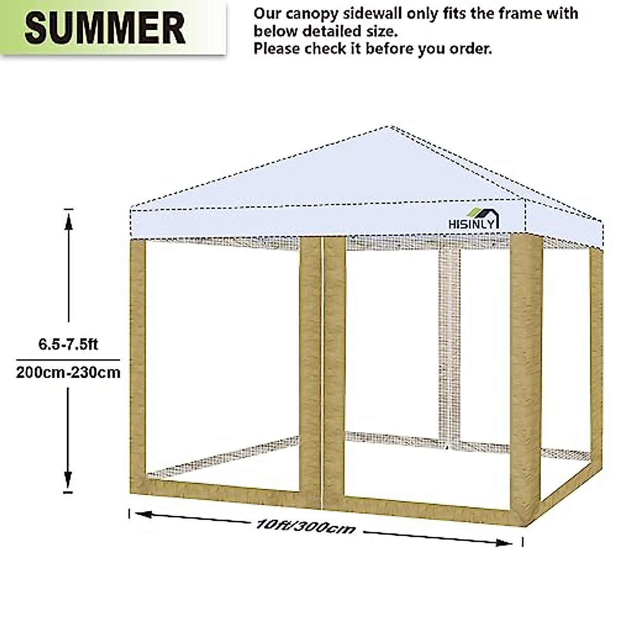 Hisinly Canopy Mesh Sidewalls for 10x10 Pop Up Canopy, 300D Oxford Fabric with Silver Caoting, Sidewall Netting, 4 Pieces Mesh Sidewalls with Door, Kahki (Canopy Tent NOT Included) (SW-04-4)