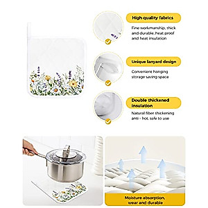 4Pack Pot Holders Cotton Heat Resistant Oven Hot Pads, Daisy Lavender Flowers Potholder Cloth Potholders for Daily Kitchen Baking and Cooking with Hanging Loops - Spring Summer Floral Green Leaves