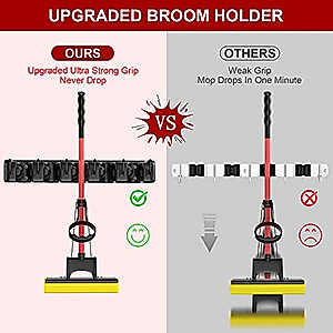 LETMY Mop and Broom Holder Wall Mount, Heavy Duty Broom Hanger Garden Tool Organizer Home Cleaning Supplies Organizations Storage Rack with 5 Position 6 Hooks for Home Kitchen Garden Laundry Room
