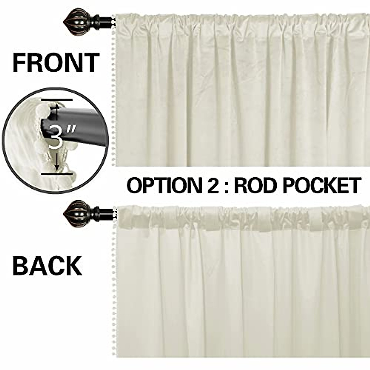 ZHAOFENG Ivory Pom Pom Velvet Curtains with Rod Pocket and Back Tab, Blackout Soft Luxury Thick Sunlight Dimming Heat Insulated Privacy Protect for Living Room, 2 Panels (Ivory, W52 x L95 Inch)