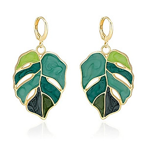 Gift Earrings Bohemian Green Leaf Earrings for Women, Enamel Jewelry for Women, Monstera Leaves Plant Pendant Drop Dangle Earrings for Women Mens with Box Gift Package, Hoop