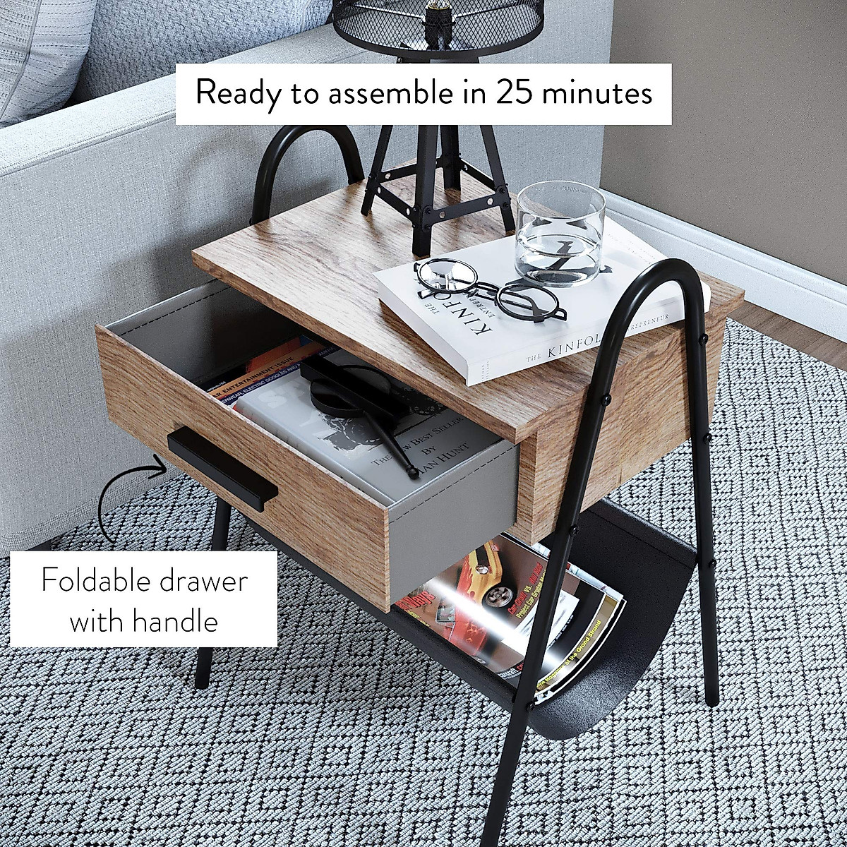 Nathan James Hugo Wood Nightstand, Rustic Accent End or Side Table with Drawer, Durable Black Metal Frame & Leather Hammock, Brown