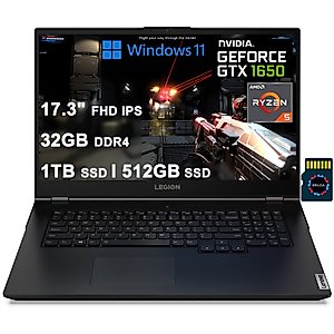 Lenovo Legion 5 17 Premium Gaming Laptop I 17.3" FHD IPS I AMD 6-Core Ryzen 5 5600H(>i5-10400H) I 32GB DDR4 1TB SSD + 512GB SSD I GeForce GTX 1650 4GB I Backlit USB-C Win11 + 32GB MicroSD Card