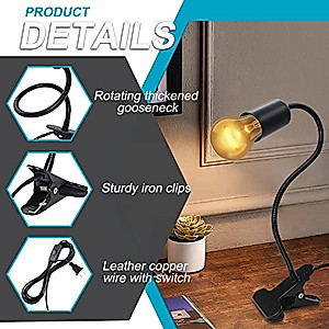 2PCS Clip Desk Lamp Holder, 9mm Flexible Aluminum Wire Neck Clip on Light, Adjustable Gooseneck E26/E27 Lamp Socket Clamp Desk Lamps, Clamp Reading Light Bulb for Reptiles Plant Grow Aquarium Light