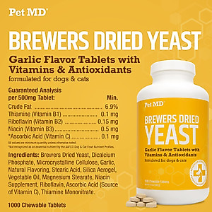 Pet MD Garlic & Brewers Yeast for Dogs & Cats - Garlic and Yeast Plus Antioxidants - Brewer's Yeast Tablets for Dogs & Cats - Vitamin B 1 & Vitamin C - 1000 ct
