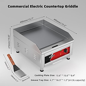 CROSSON 16"*16" Commercial Electric Countertop Griddle,Flat Top Griddles with Non-Stick 2/5" Thick Iron Cooking Plate for Restaurant and home use-120V/1750W,Spatula Included