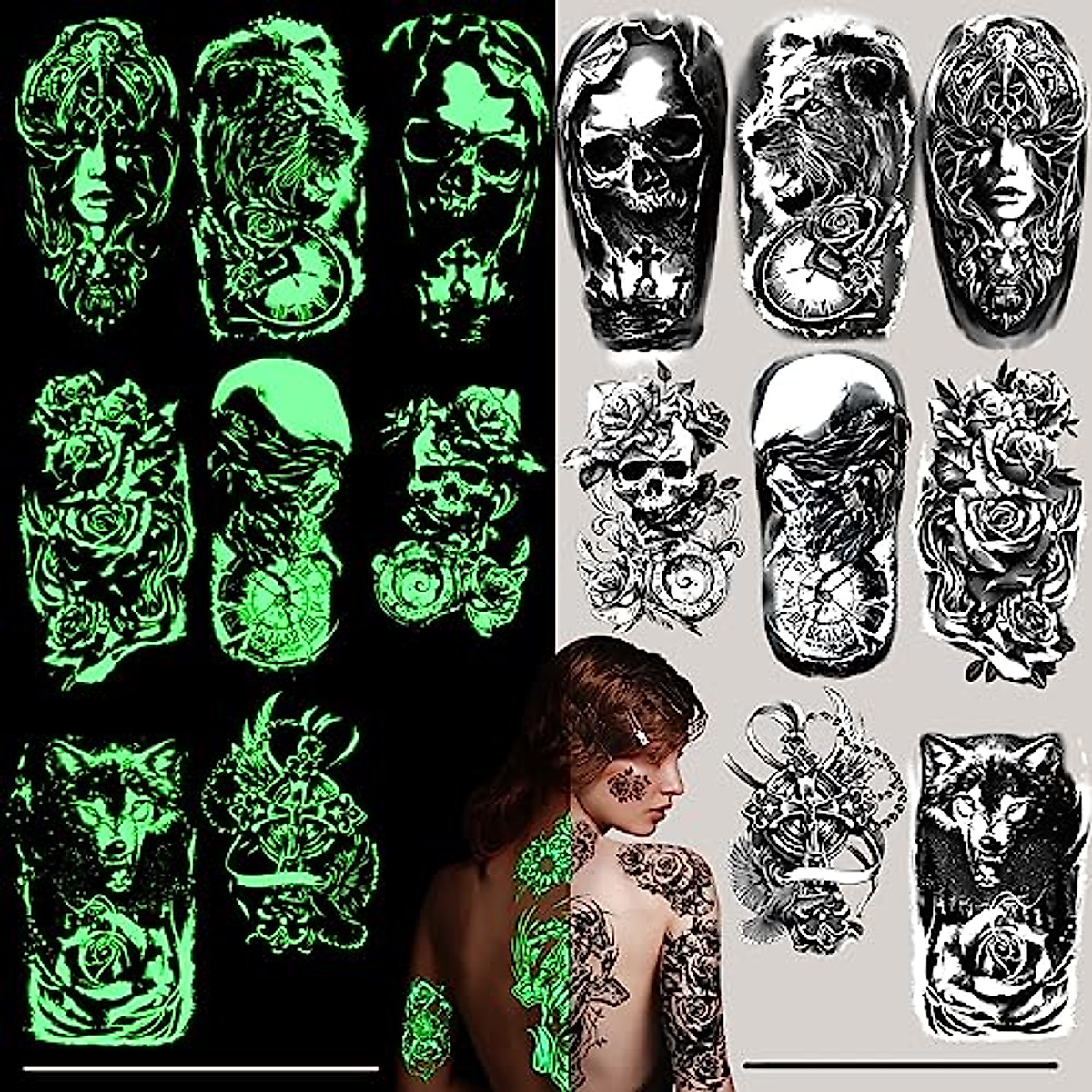 24 Sheets Glow in the Dark Temporary Tattoo Wolf Flower Luminous Fake Tattoos for Adults Men Women Kids Tiny Halloween Tattoo Stickers Neon Rave Festival Accessory Glow Party Supplies Decorations