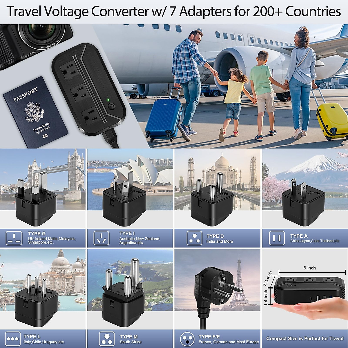 Voltage Converter 2300W International Power Converter Step Down 220v/240v to 110v/120v Travel Adapter Transformer w/ 4 USB 3 AC Outlets 7 Worldwide Plug Adapters EU/US/AU/IT/UK/India/South Africa