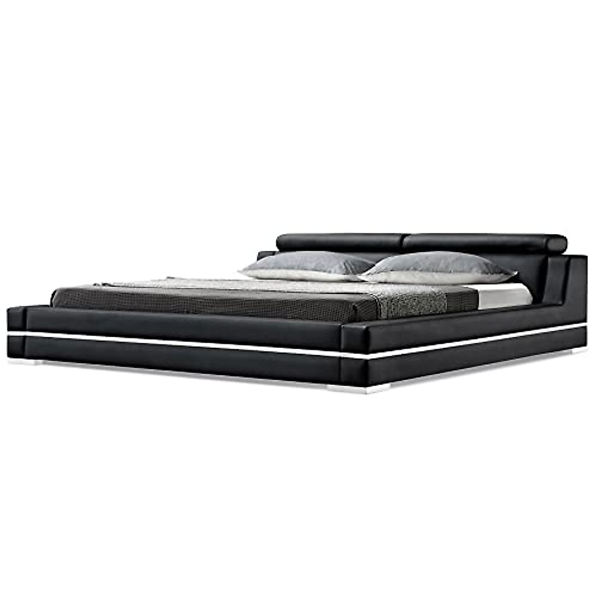 ZURI Hera Genuine Black Leather Platform Bed with Adjustable Headrests - Queen