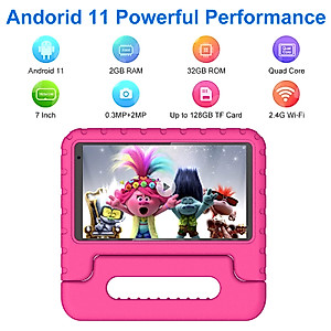 AOCWEI 2023 Kids Tablet, 7 inch Android Tablets for Kid Toddler with 32GB ROM 128GB Expand, WiFi 6, Parental Control, IWAWA Pre-Installed, Cute Kid-Proof Case, Bluetooth 5.0, Learning (Rose Red)