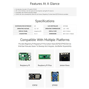 waveshare LCD1602 I2C Module, White Color with Blue Background, 16x2 Characters LCD, 3.3V/5V