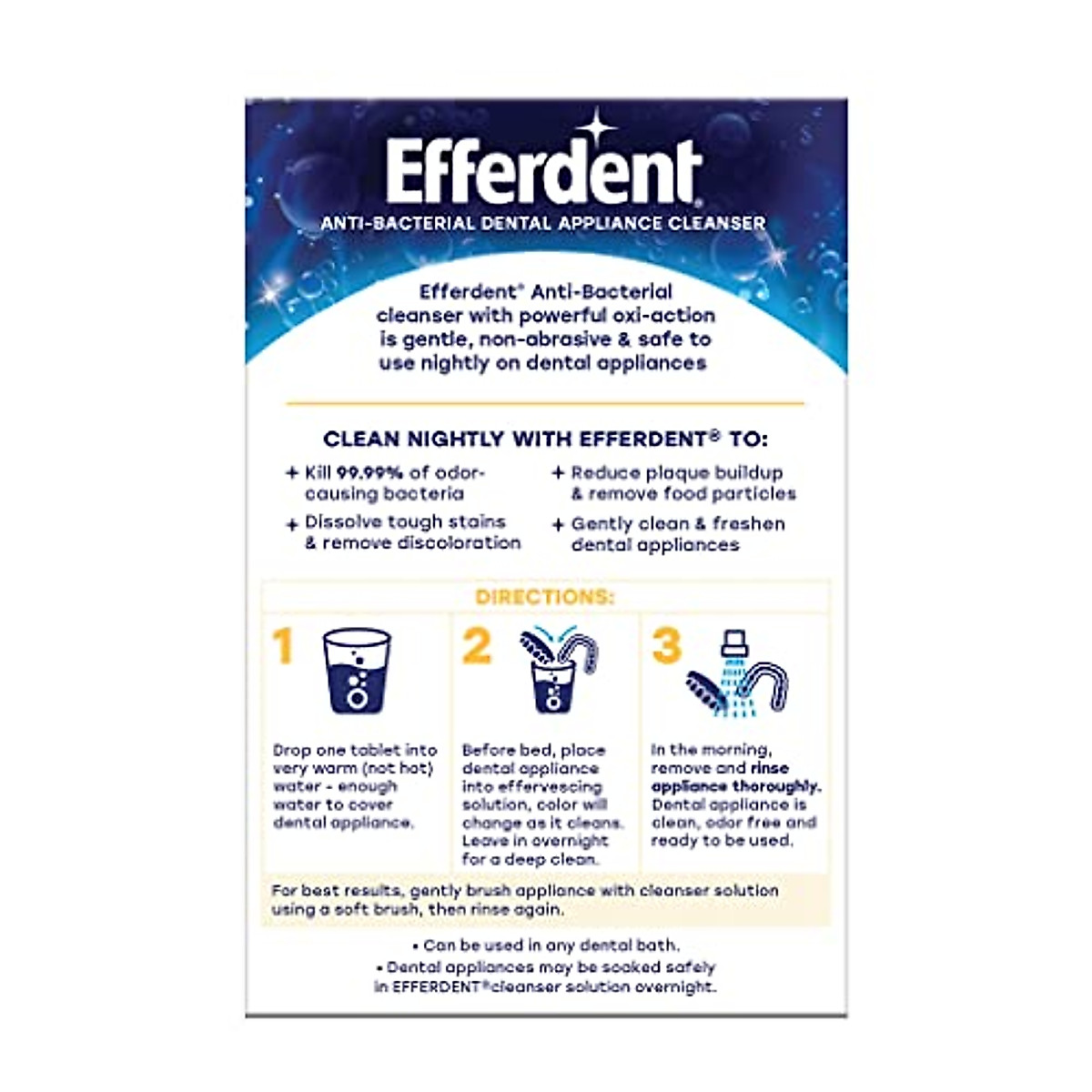 Efferdent Retainer Cleaning Tablets, Denture Cleanser Tablets For Dental Appliances, Overnight Whitening, 126 Tablets BLUE (Pack of 2)