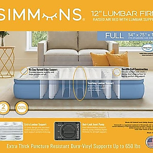 Simmons Lumbar Firm, 12" Tri-Zone Air Mattress with Built-in Pump and Extra Lumbar Support, Size Full,White