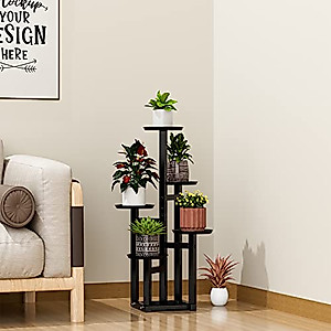 POTEY 5 Tiered Metal Plant Stand Indoor, Tall Plant Shelf Corner Plant Stands for Indoor Plants Multiple, Black Plant Shelf Rack for Outdoor Home Patio Lawn Garden