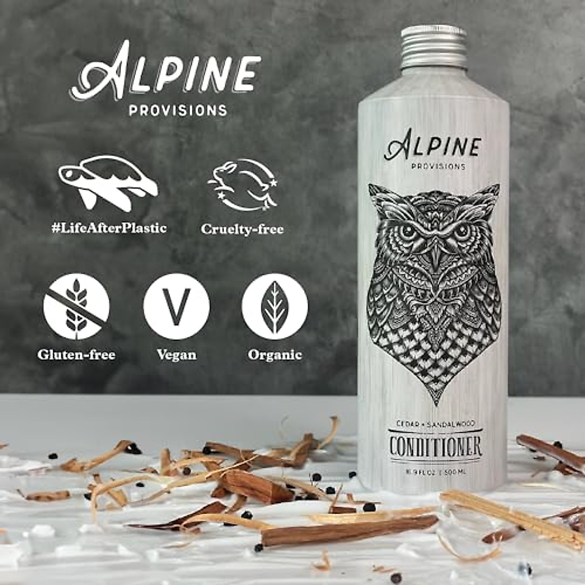 Alpine Provisions Cedar & Sandalwood Conditioner - Naturally Moisturize, Repair, & Strengthen with Essential Oils, Sunflower oil & Aloe Vera, Vegan, Sulfate - Plant-Based Hair Care - 16.9 FL Oz