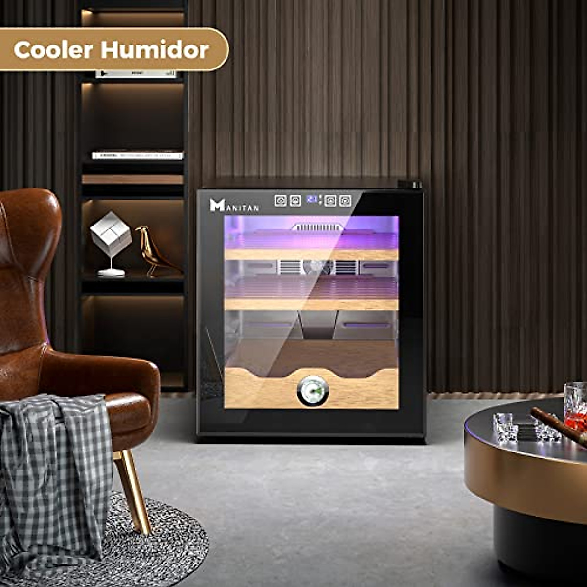 300 Count Electric Cooler, Spanish Cedar Wood Shelf Built in Humidity Control System Cooling Function Black (50L)