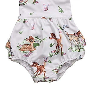 Newborn Baby Girls 1st Birthday Christmas Outfit Bambi Romper Ruffle Flutter Sleeve Bodysuit Summer Backless Sunsuit with Bowknot Headband Party Dress Clothes 2pcs Set for Photo Shoot White 0-6M